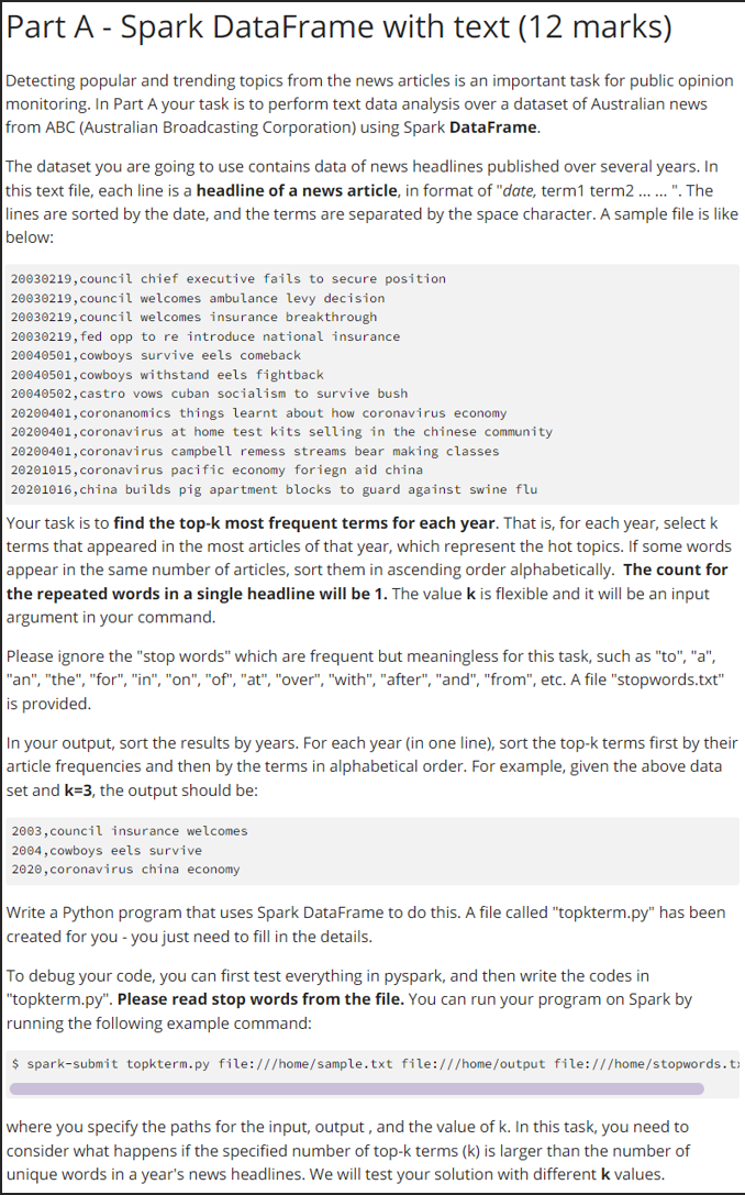 Solved Part A - ﻿Spark DataFrame with text (12 | Chegg.com