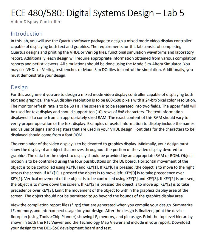 ECE 480/580: Digital Systems Design - Lab 5 Video | Chegg.com