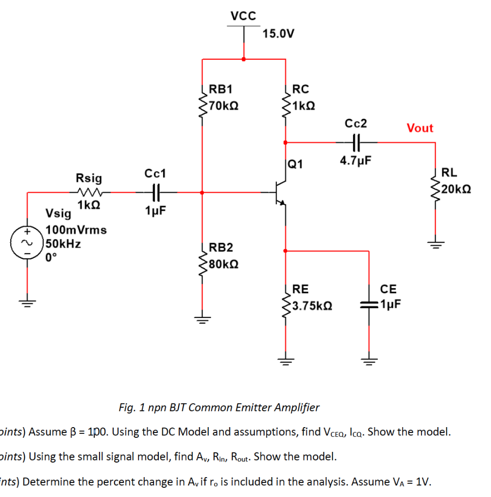 VCC 15.0V RB1 RC Cc2 Vout Q1 RL Cc1 Rsig Vsig | Chegg.com