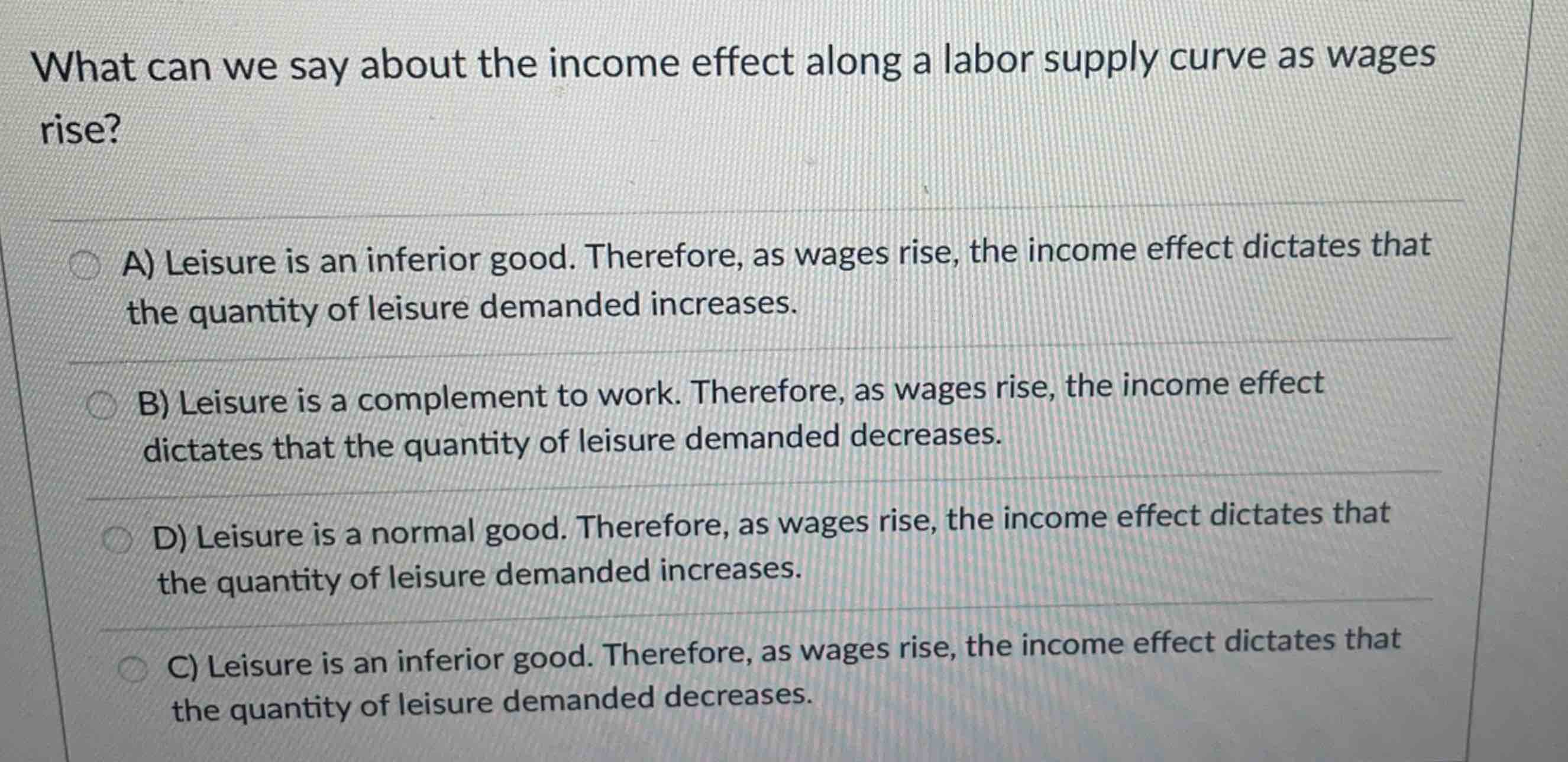 Solved What can we say about the income effect along a labor | Chegg.com
