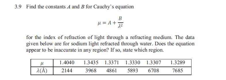 Solved 3.9 Find the constants A and B for Cauchy's equation | Chegg.com