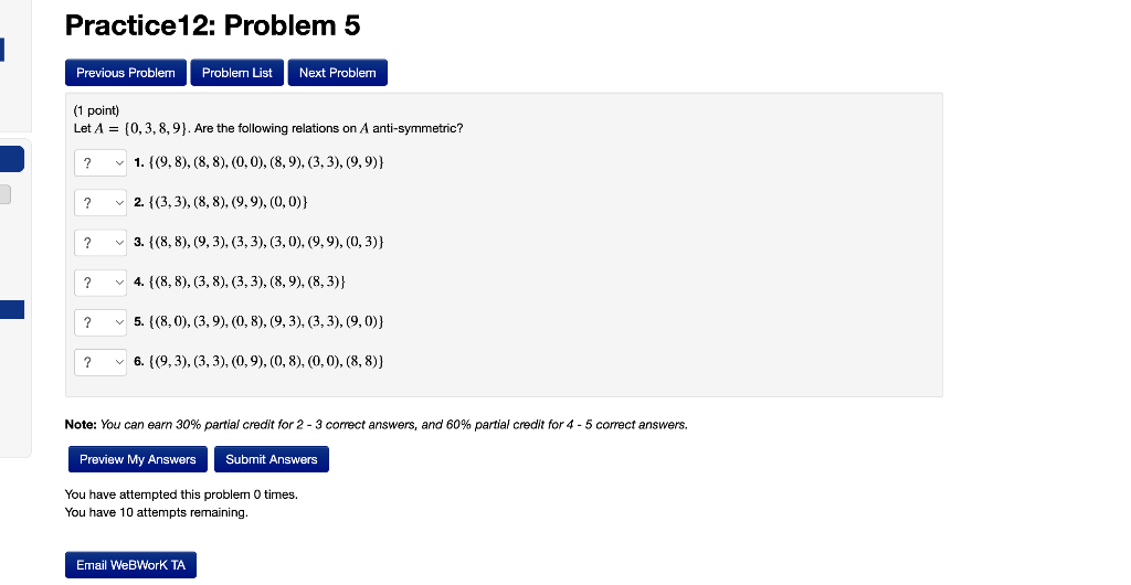 Solved (1 point) Let A={0,3,8,9}. Are the following | Chegg.com