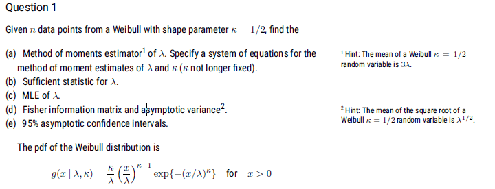 Solved Given N Data Points From A Weibull With Shape 