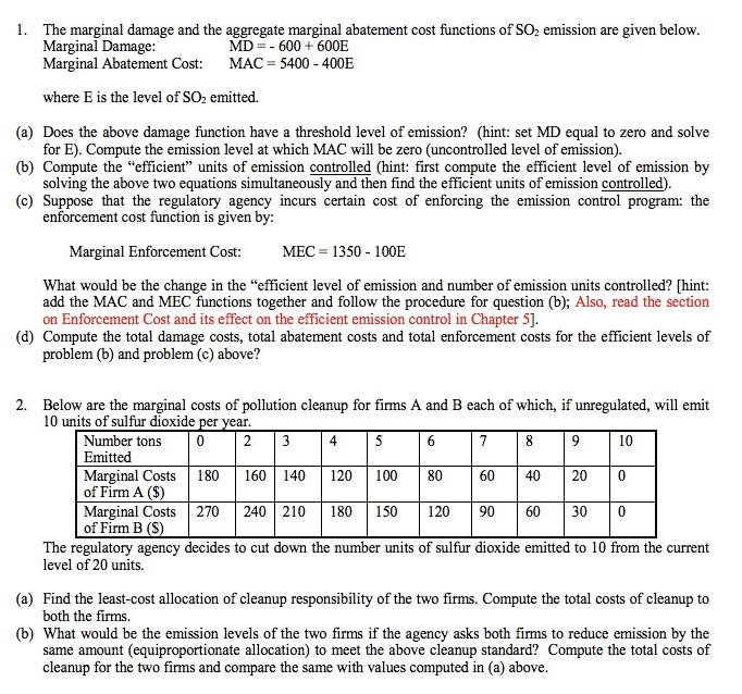 Solved 1. The marginal damage and the aggregate marginal | Chegg.com