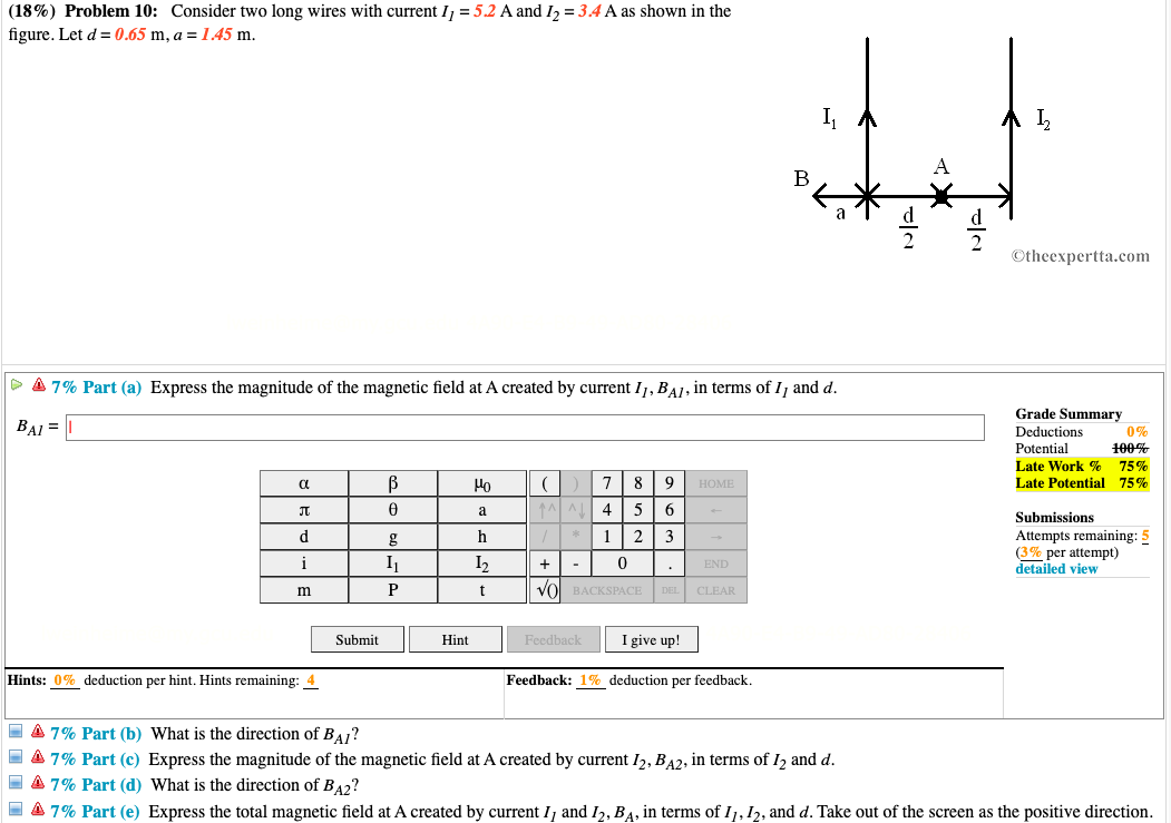 Solved (18%) Problem 10: Consider two long wires with | Chegg.com
