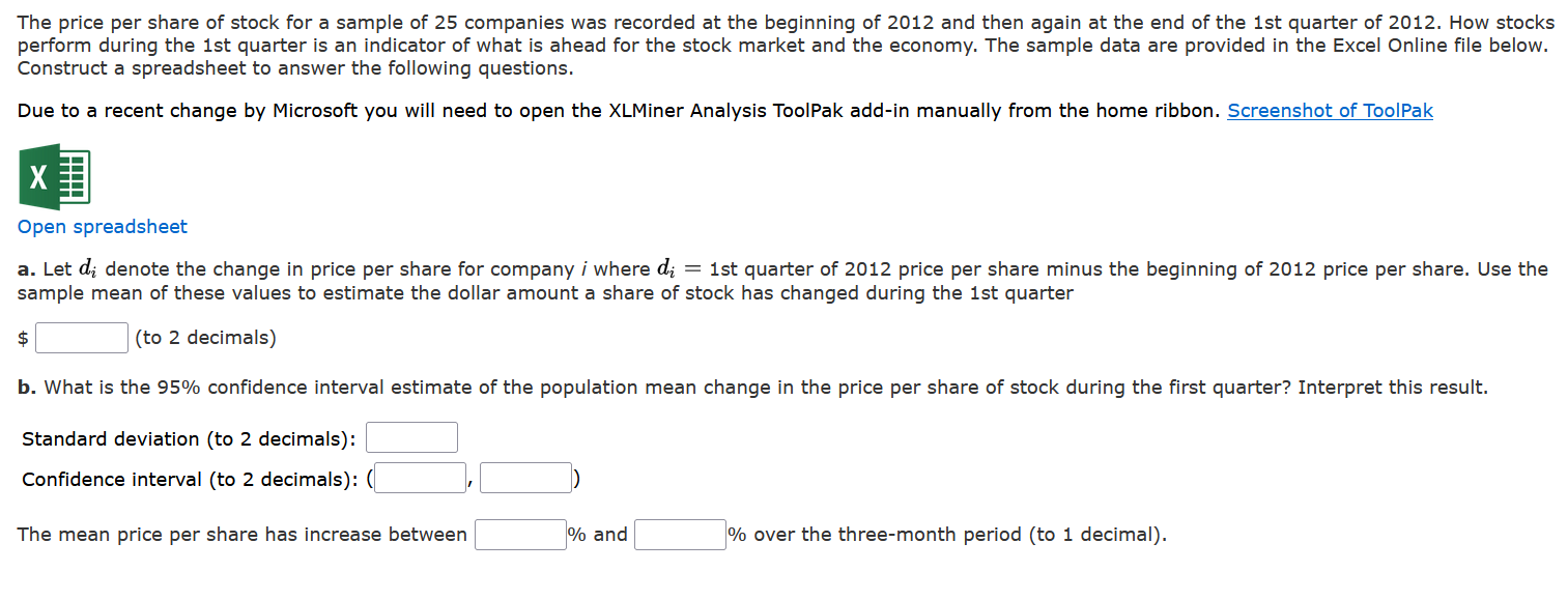 The price per share of stock for a sample of 25 | Chegg.com