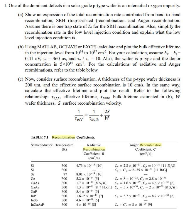 Solved One of the dominant defects in a solar grade p-type | Chegg.com