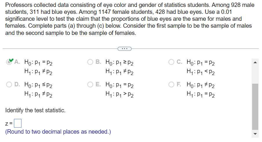 Solved Professors collected data consisting of eye color and | Chegg.com