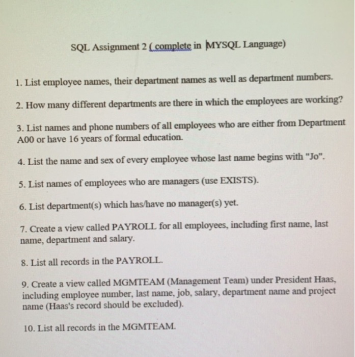 Solved Sql Assignment 2 Due March 24 2019 1 List Employee