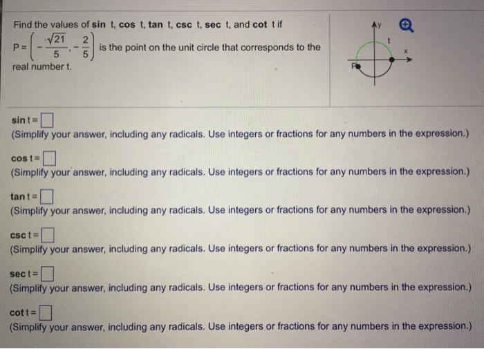 Solved Find the values of sin t, cos t, tan t, csc t, sec t, | Chegg.com