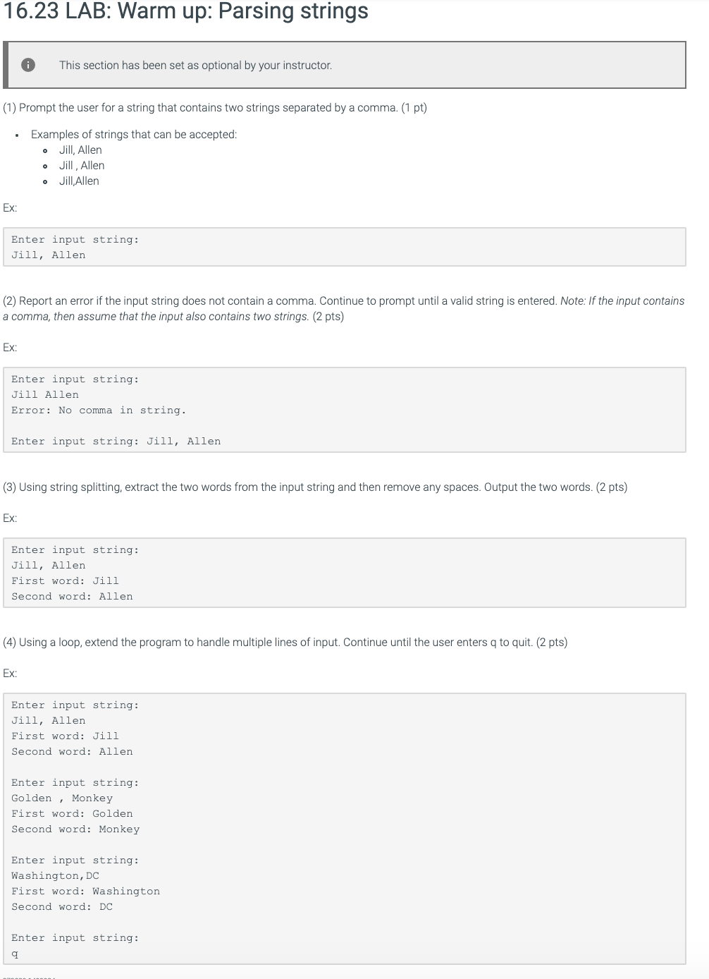 Solved 16 23 Lab Warm Up Parsing Strings This Section Has