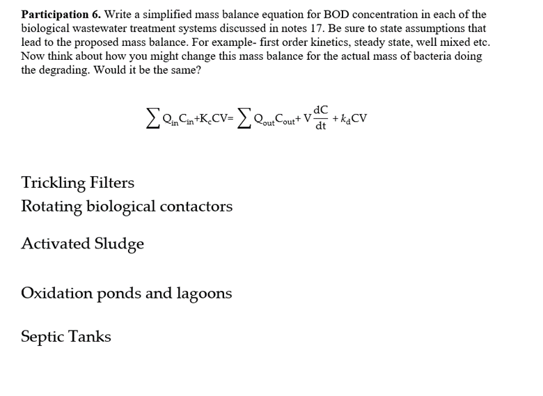 Solved Participation 6. Write a simplified mass balance | Chegg.com