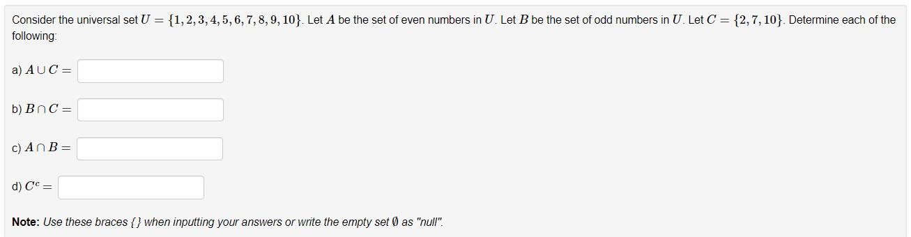 Solved Consider the universal set U={1,2,3,4,5,6,7,8,9,10}. | Chegg.com