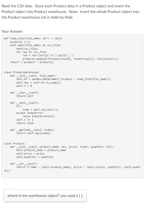 Read the CSV data. Store each Product data in a | Chegg.com