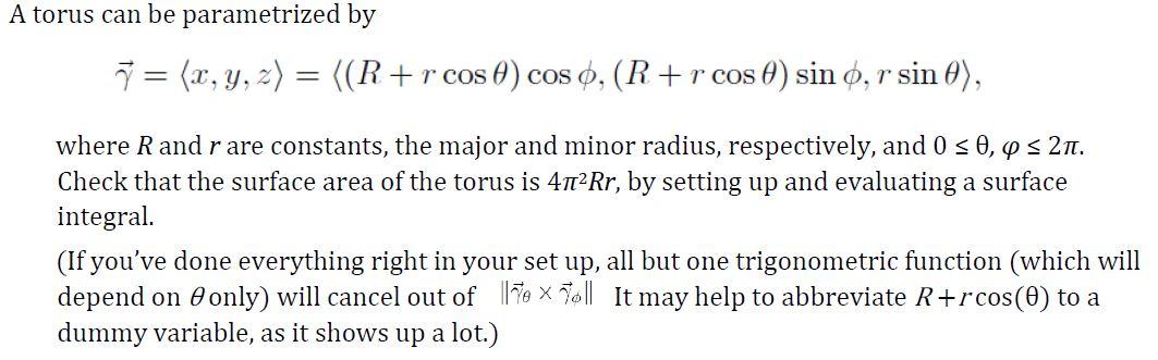 Solved A torus can be parametrized by ñ = (x, y, z) = ((R+r | Chegg.com