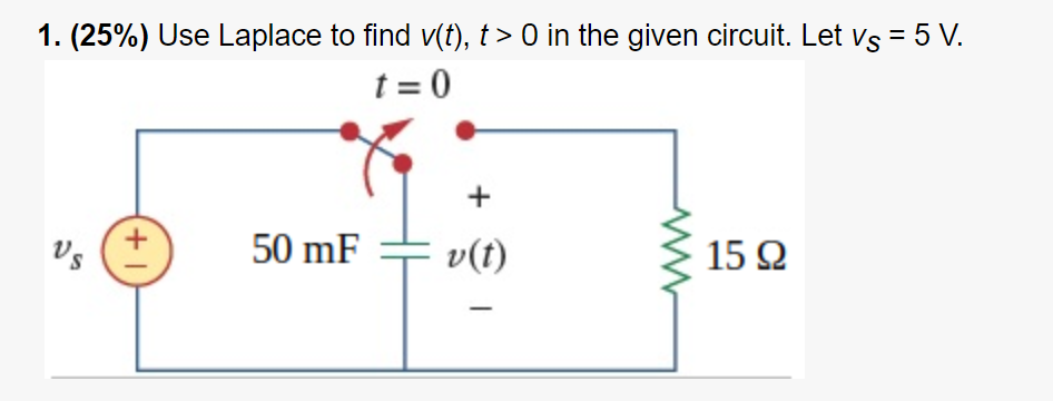 Solved 1. (25%) Use Laplace to find v(t),t>0 in the given | Chegg.com