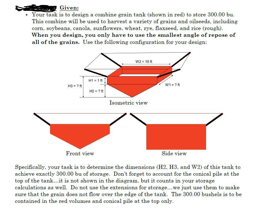 Solved Given: Your task is to design a combine grain tank | Chegg.com