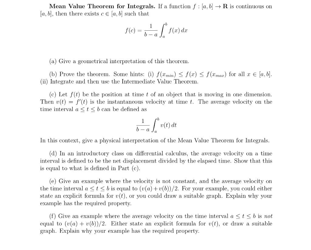 Solved Mean Value Theorem for Integrals. If a function f : | Chegg.com