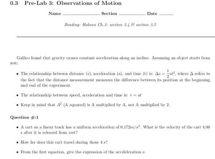Solved 0.3 Pre-Lab 3: Observations of Motion Name Section | Chegg.com