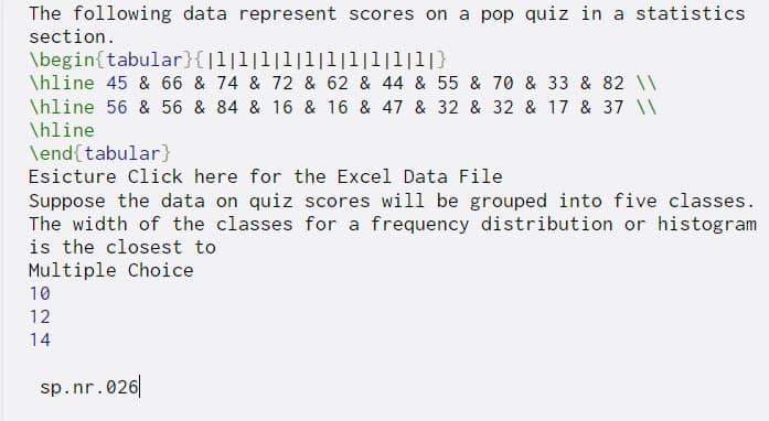 Solved The following data represent scores on a pop quiz in | Chegg.com