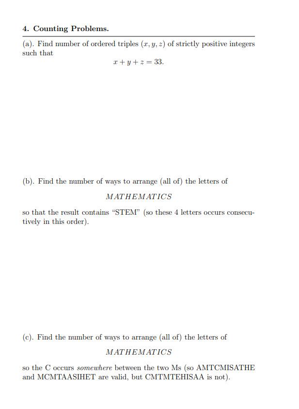 Solved 4. Counting Problems. (a). Find number of ordered | Chegg.com