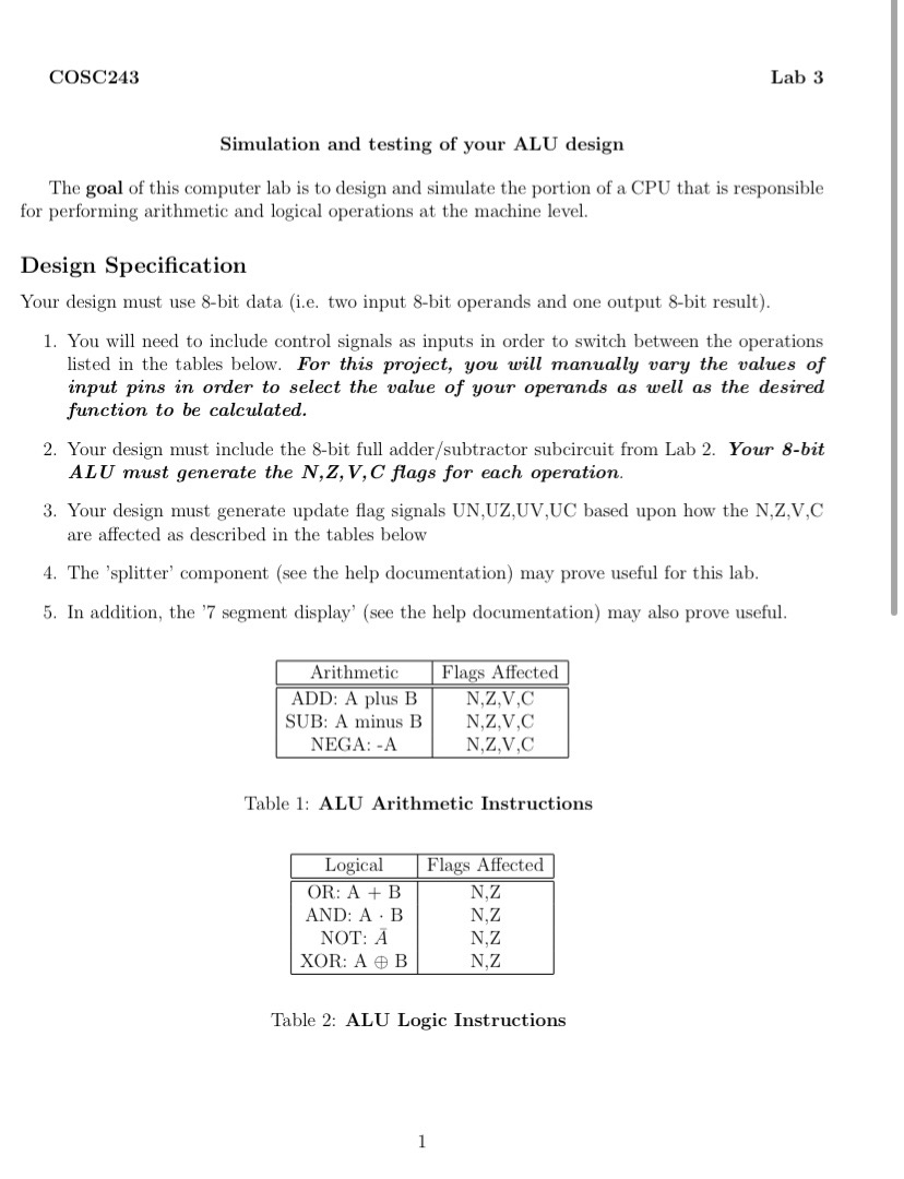 COSC243 Lab 3 Simulation and testing of your ALU | Chegg.com