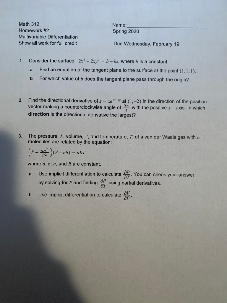Solved Math 312 Homework #2 Multivariable Differentiation | Chegg.com
