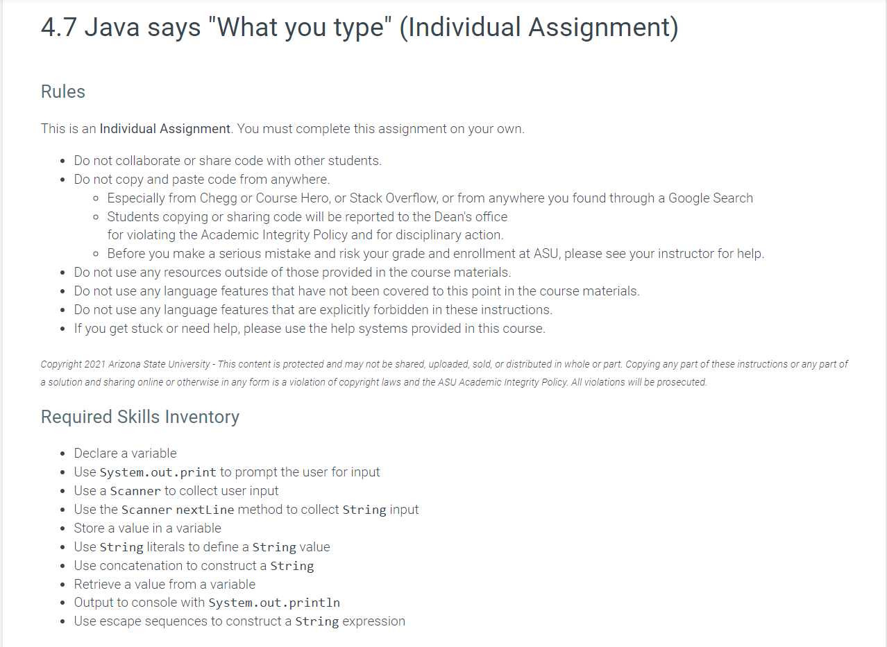 4.7 Java says "What you type" (Individual Assignment) | Chegg.com