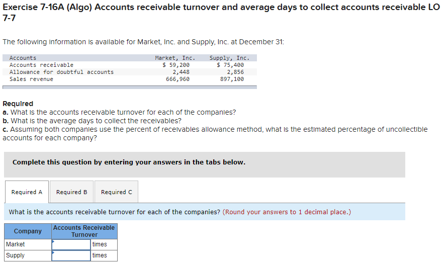Solved Exercise 7-16A (Algo) Accounts receivable turnover | Chegg.com