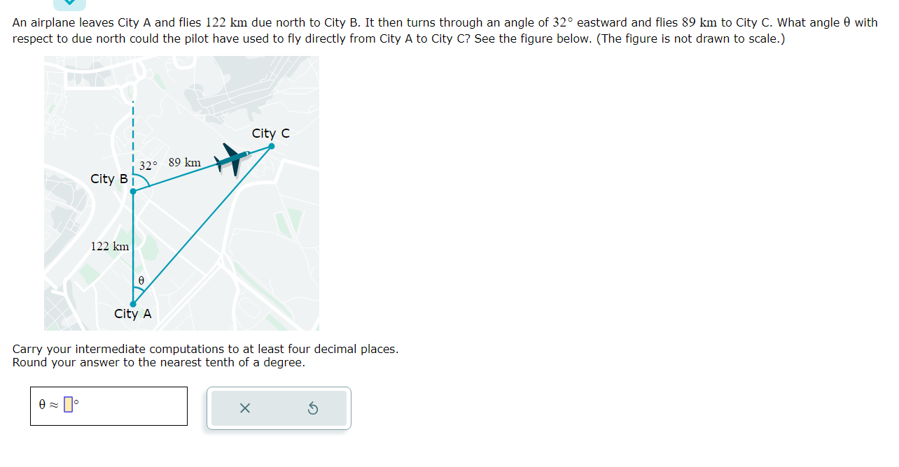 An airplane leaves City A and flies 122 km due north | Chegg.com