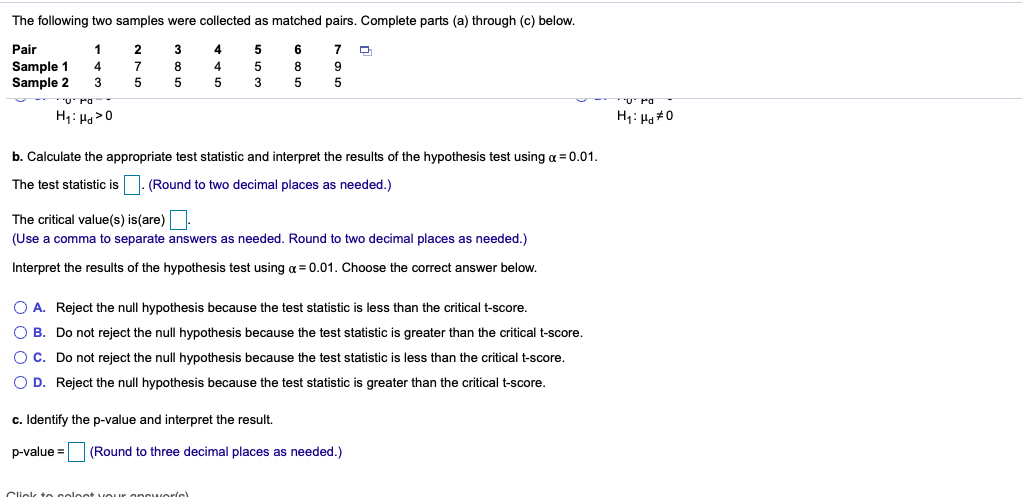 Solved The following two samples were collected as matched | Chegg.com