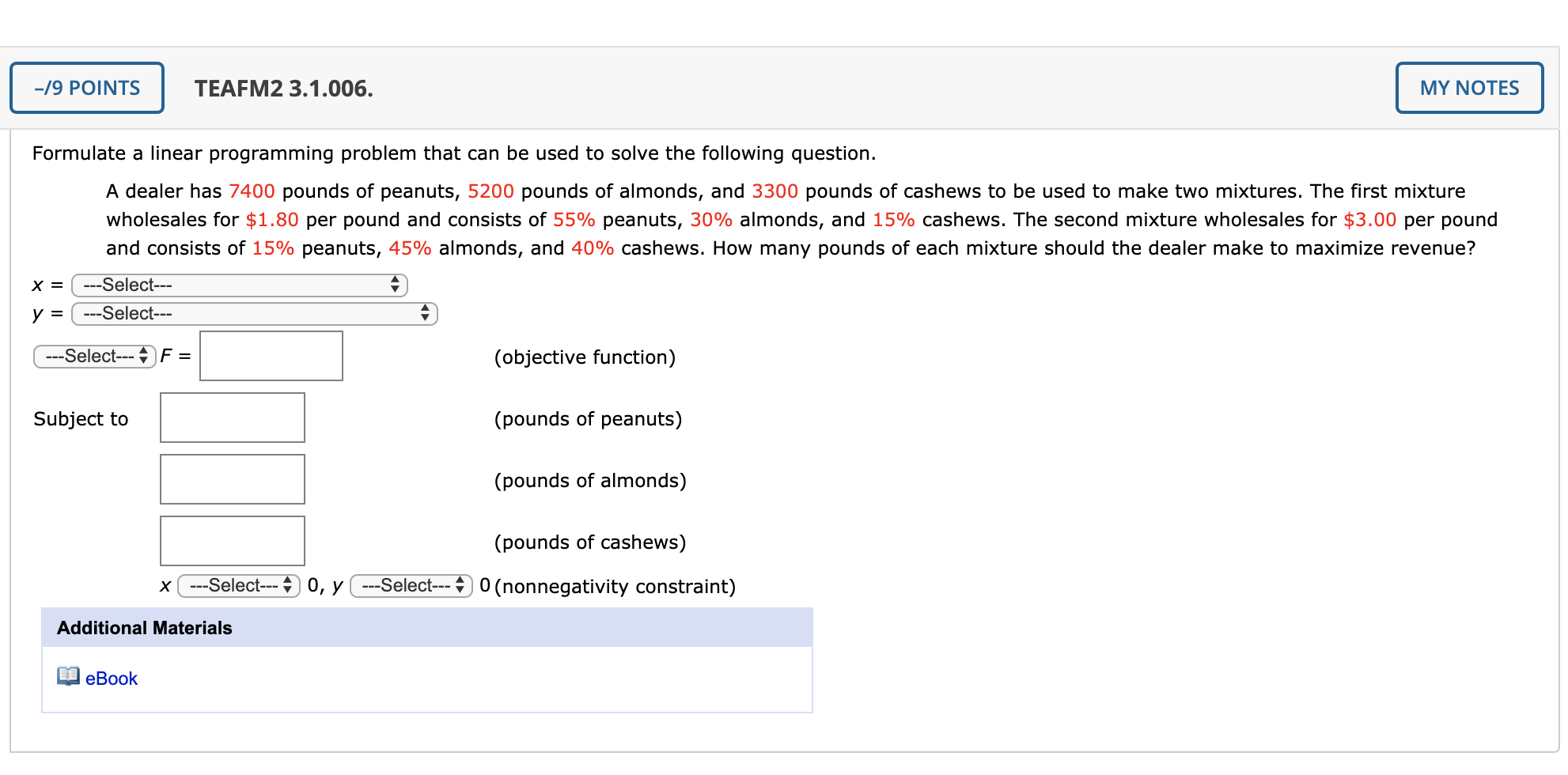 Solved -19 POINTS TEAFM2 3.1.006. MY NOTES Formulate a | Chegg.com
