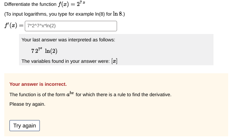 Solved Differentiate the function f(x)=27x (To input | Chegg.com
