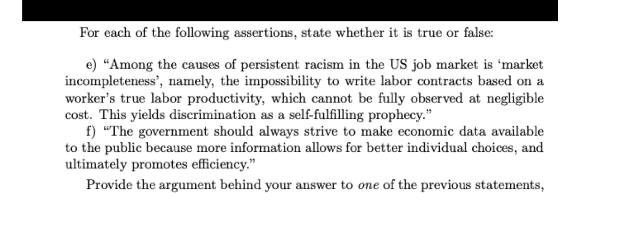 Solved For each of the following assertions, state whether | Chegg.com