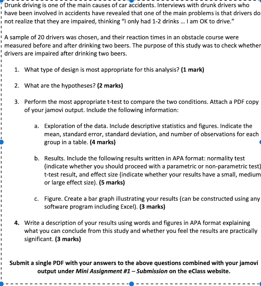Solved Drunk driving is one of the main causes of car | Chegg.com