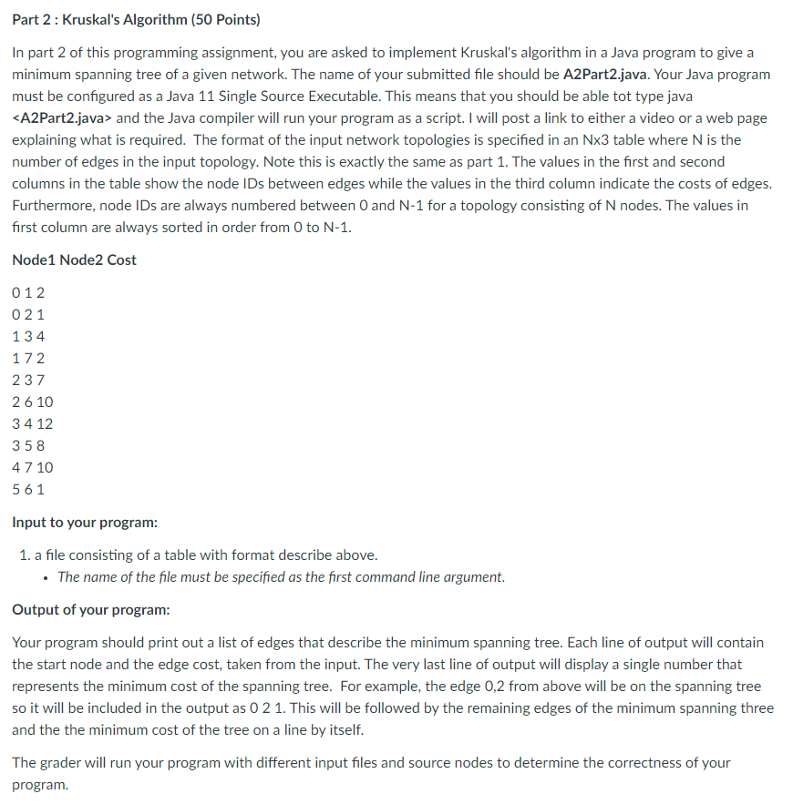 Solved Part 2 : Kruskal's Algorithm (50 Points) In part 2 of | Chegg.com Solved Part 2 : Kruskal's Algorithm (50 Points) In part 2 of | Chegg.com