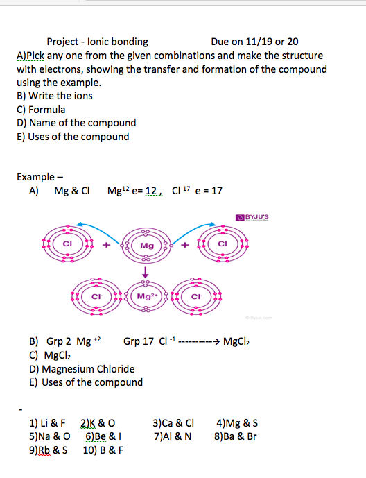 Solved Project - Ionic bonding Due on 11/19 or 20 A) Pick | Chegg.com