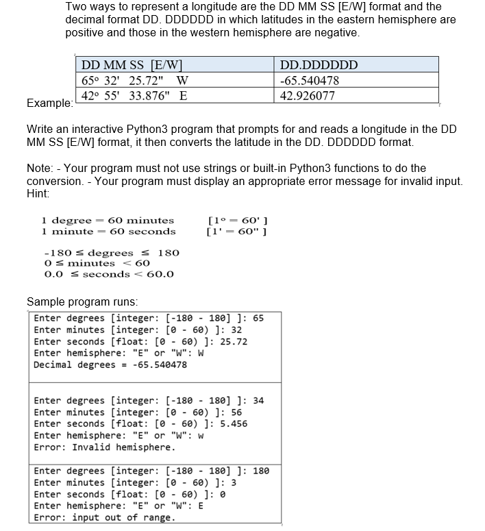 Solved Two ways to represent a longitude are the DD MM SS | Chegg.com