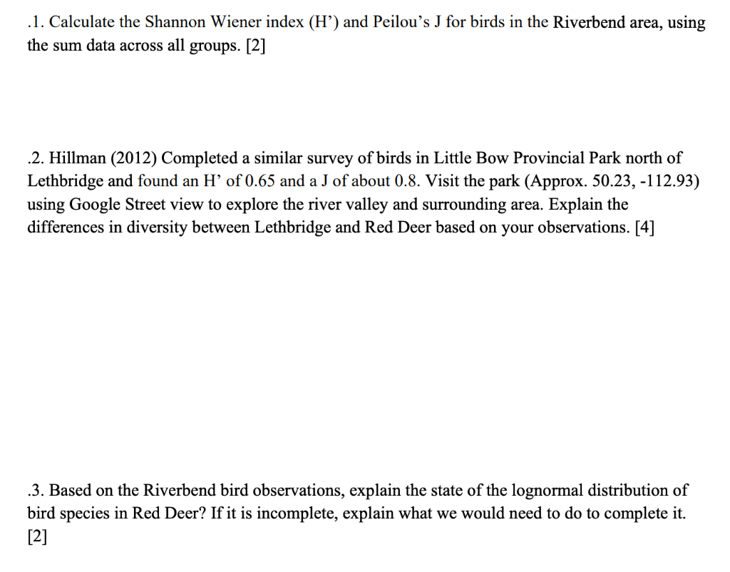 .1. Calculate the Shannon Wiener index (H') and | Chegg.com
