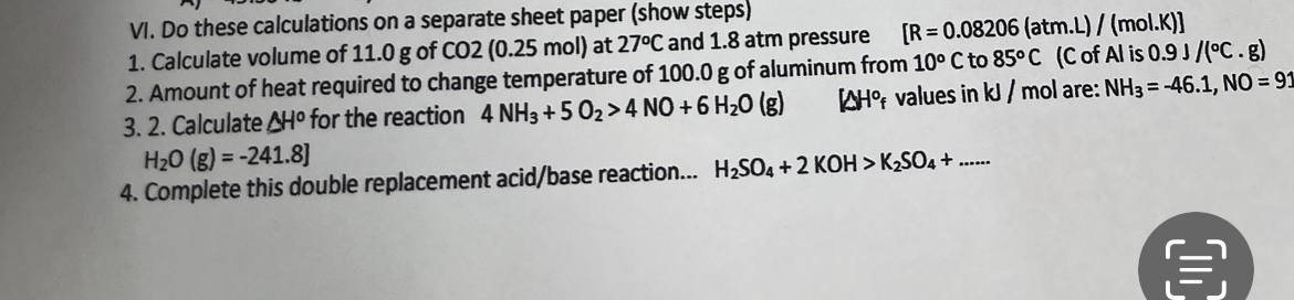 Solved VI. Do ﻿these calculations on ﻿a separate sheet paper | Chegg.com