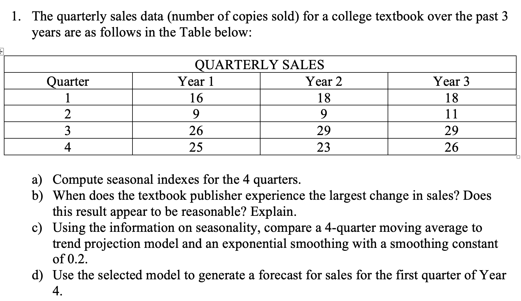 Solved 1. The quarterly sales data (number of copies sold) | Chegg.com