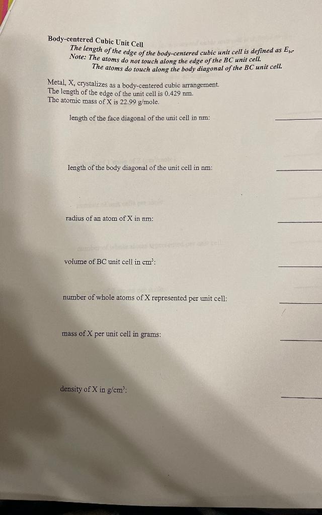 Solved Body-centered Cubic Unit Cell The length of the edge | Chegg.com