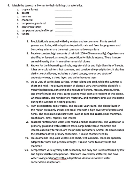 Solved 4. Match the terrestrial biomes to their defining | Chegg.com