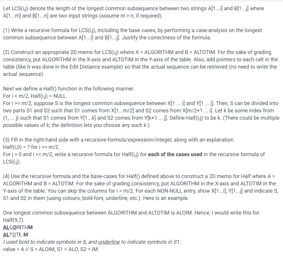 Solved Let LCS(i,j) denote the length of the longest common | Chegg.com