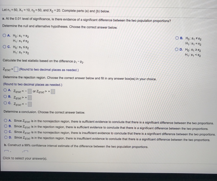 Solved Let n1 = 50, x1 = 10, n2= 50, and X2-20. Complete | Chegg.com Solved Let n1 = 50, x1 = 10, n2= 50, and X2-20. Complete | Chegg.com