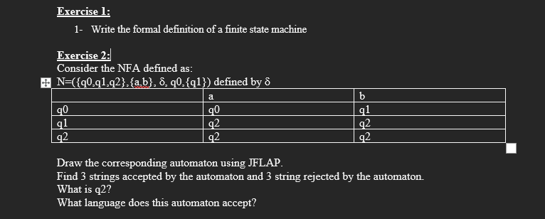 Solved Consider the NFA defined as: N=({q0,q1,q2},{a,b}, , | Chegg.com