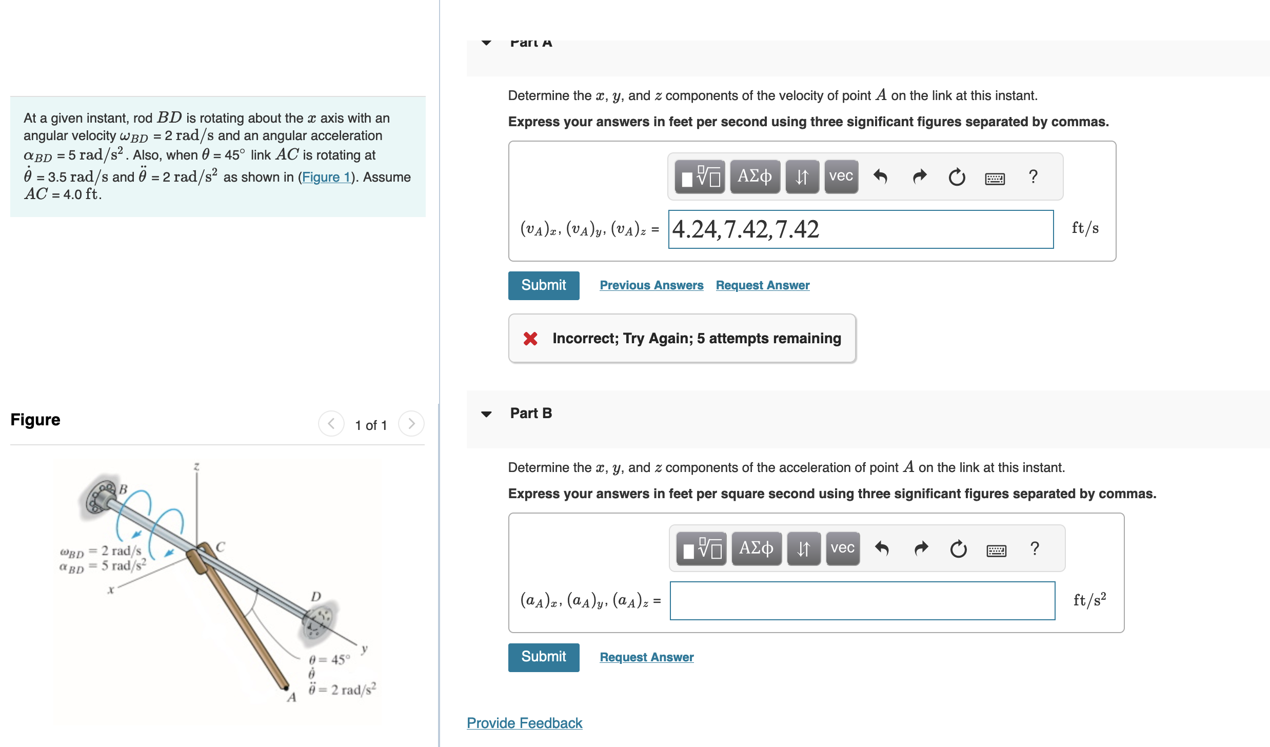Solved At a given instant, rod \\( B D \\) is rotating about | Chegg.com
