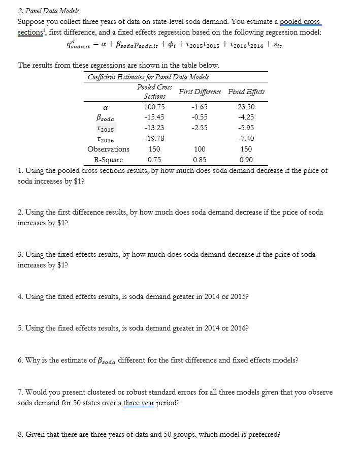 Solved 2. Panel Data Models Suppose you collect three years | Chegg.com