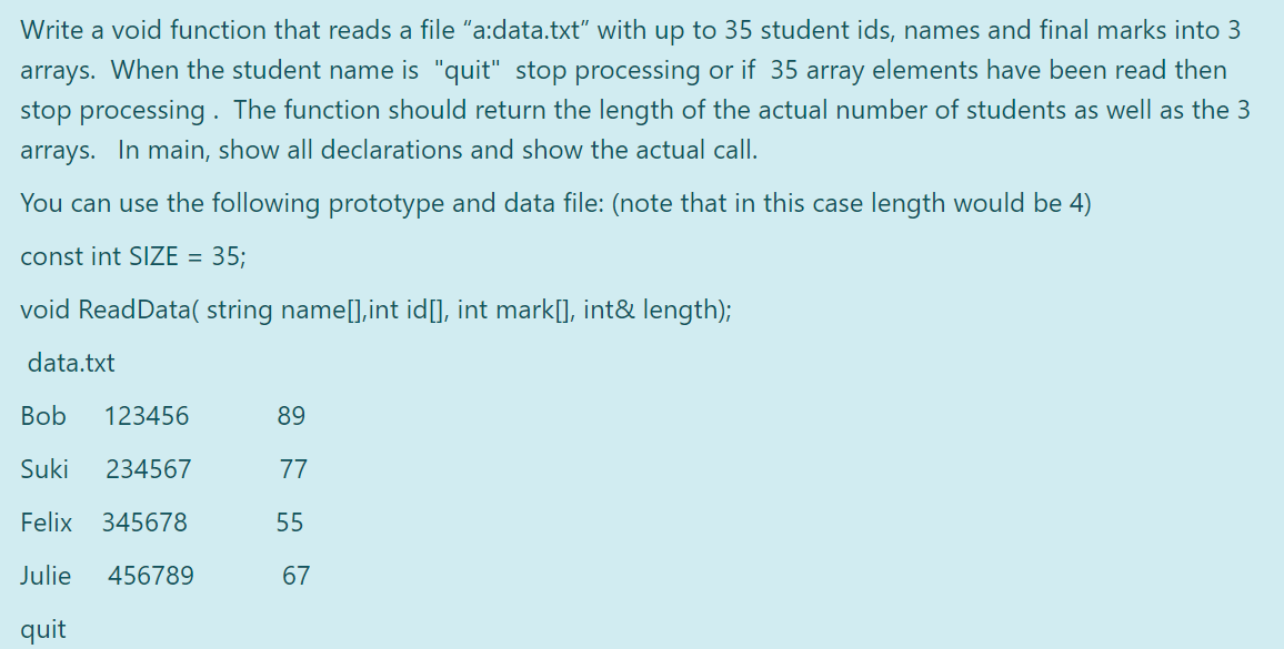 Solved Write a void function that reads a file "a:data.txt" | Chegg.com