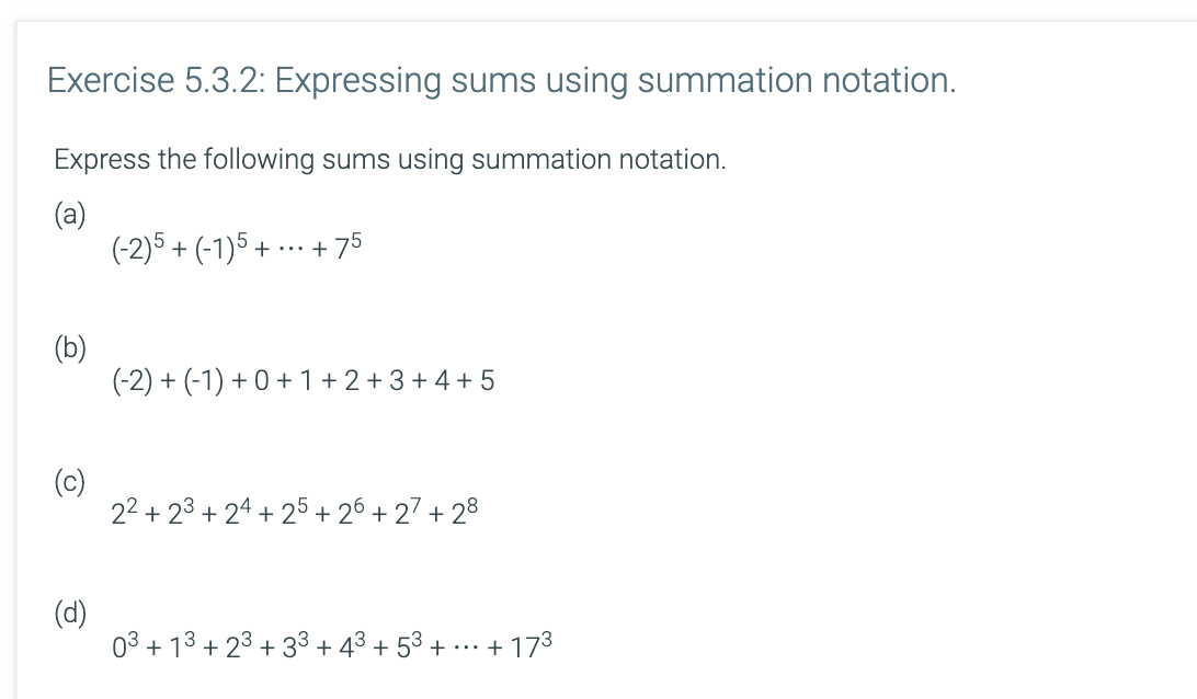 Solved Exercise 5.3.2: Expressing sums using summation | Chegg.com